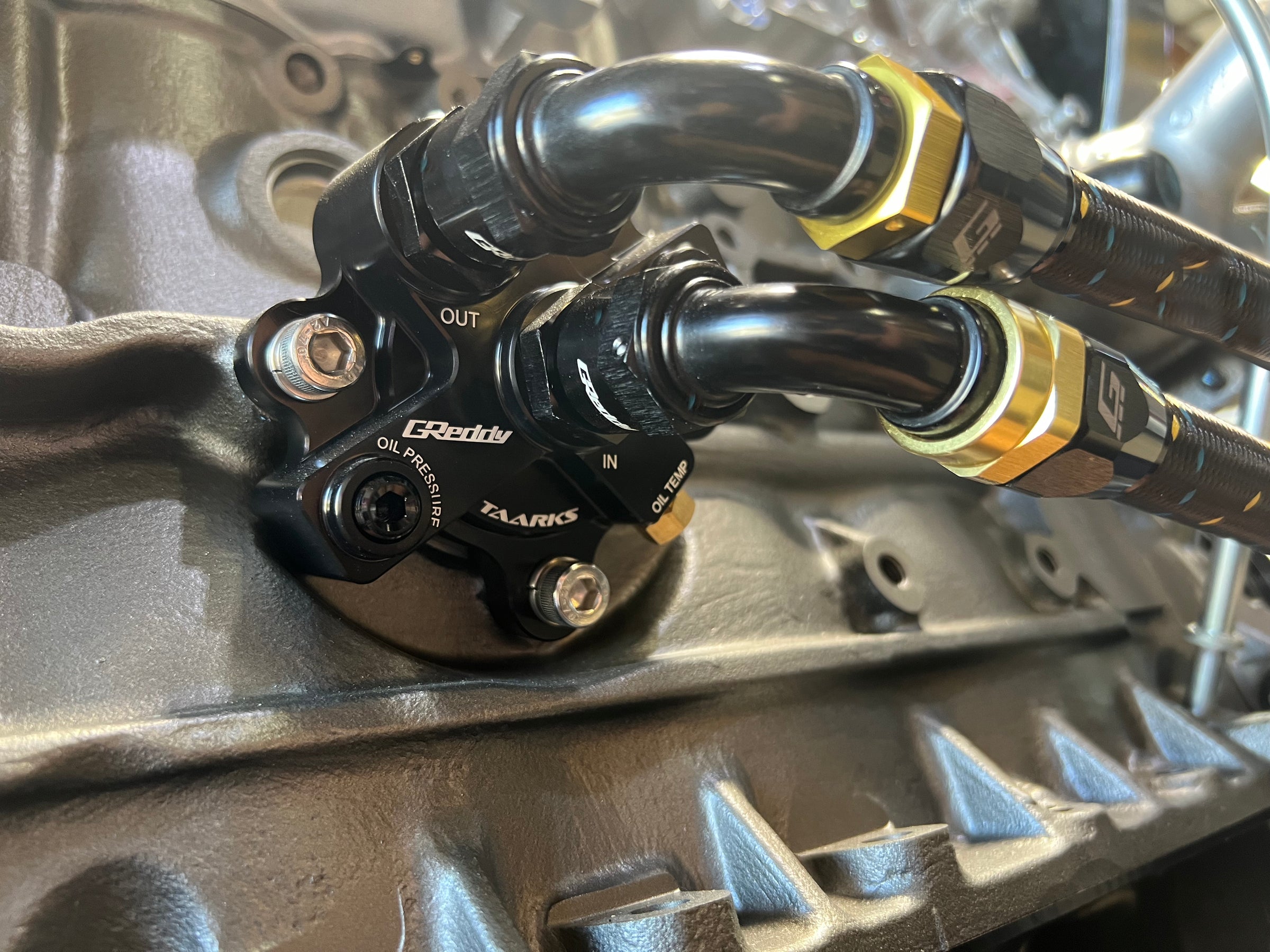 GReddy x Taarks RB26 Specific Oil Cooler Filter Block Adapter, Remote